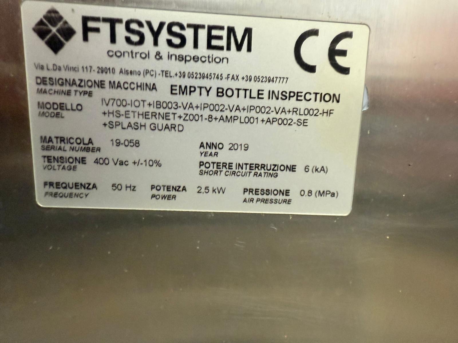 FT Systems IV700-VA+IB003 Empty Bottle Inspection System | PPM Ltd